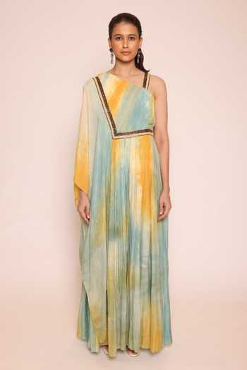 Buy Multi Color Silk Ombre Ruched Bodice Jumpsuit With Attached Dupatta ...