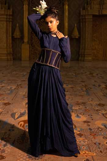 Buy Blue Chinon Embellished Antique Pipe Round Draped Dress With Corset ...
