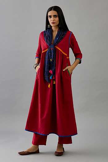 Buy Red Kurta And Pant: Handloom Cotton Embroidery Border Set With ...