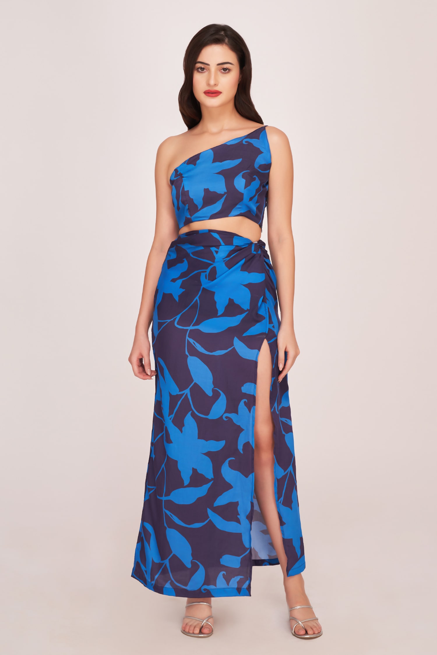 Buy Blue Satin Patterned Floral One Shoulder Top And Skirt Set For