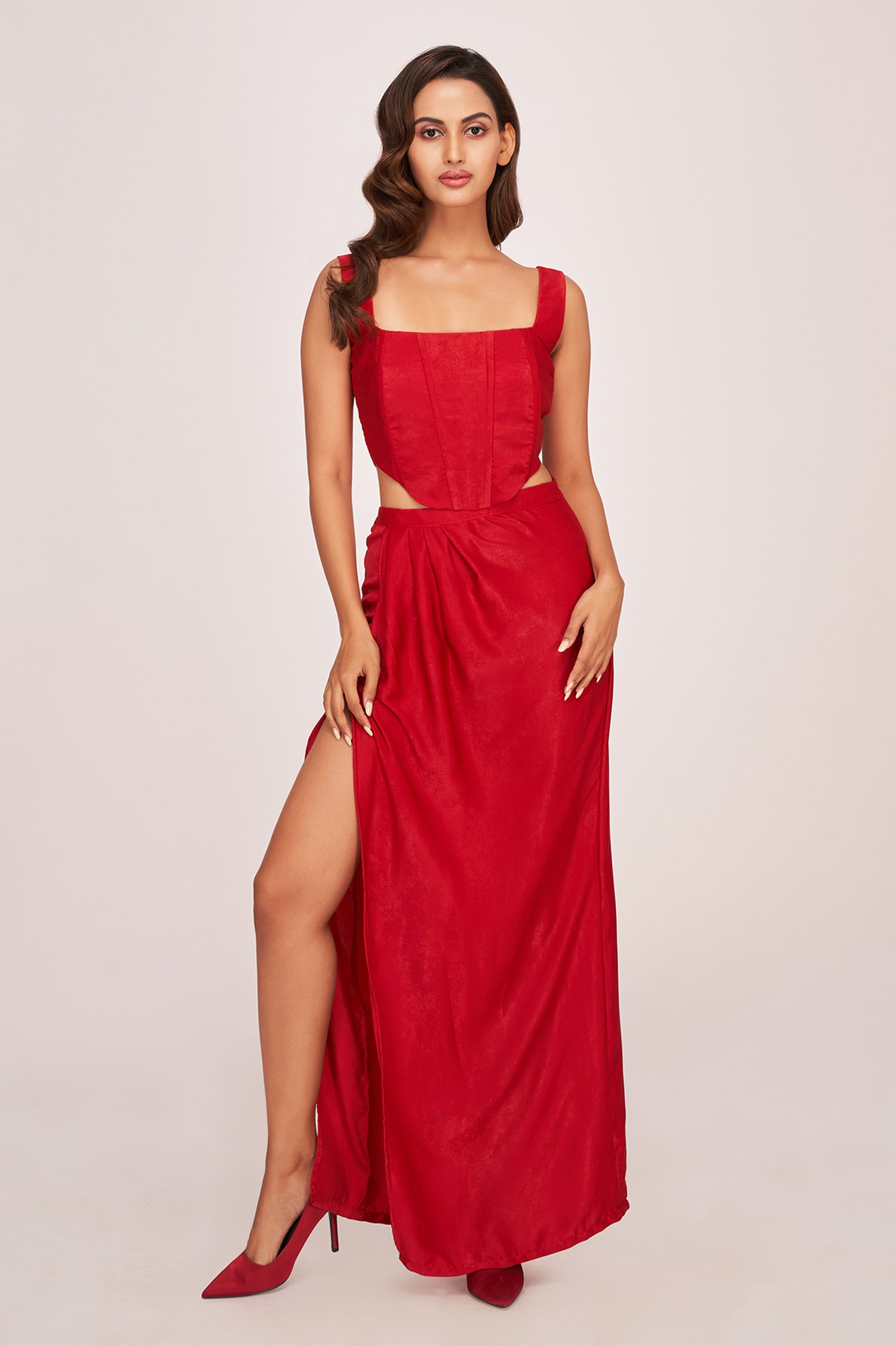 Buy Red Suede Velvet Plain Square Corset Top And Slit Skirt Set For