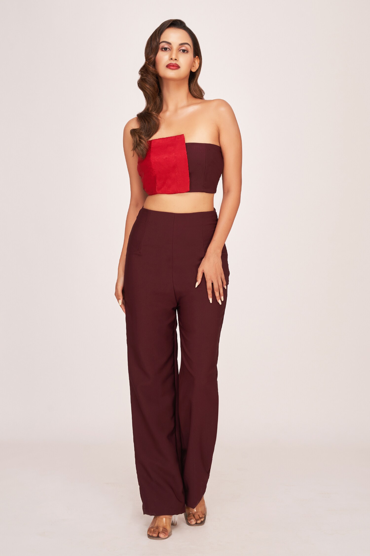 Buy Brown Crepe Color Block Off Shoulder Crop Tube Top With Trouser For ...