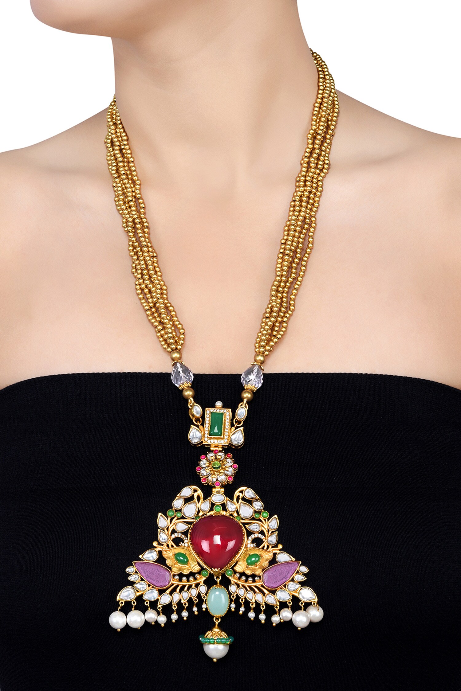 Buy Multi Color Glass Mayuri Pearl Embellished Long Necklace by Tribe ...