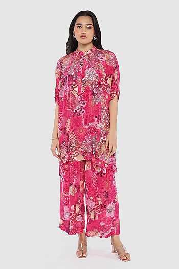 Buy Pink Crepe Embroidered Sequin Mandarin Collar Tunic And Pant Set ...