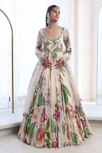 Buy Ivory Georgette Embroidered Anika Garden Print Anarkali With ...