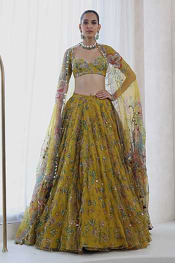 Buy Yellow Organza Embellished Sequin Pari Floral Blossom Print Lehenga ...