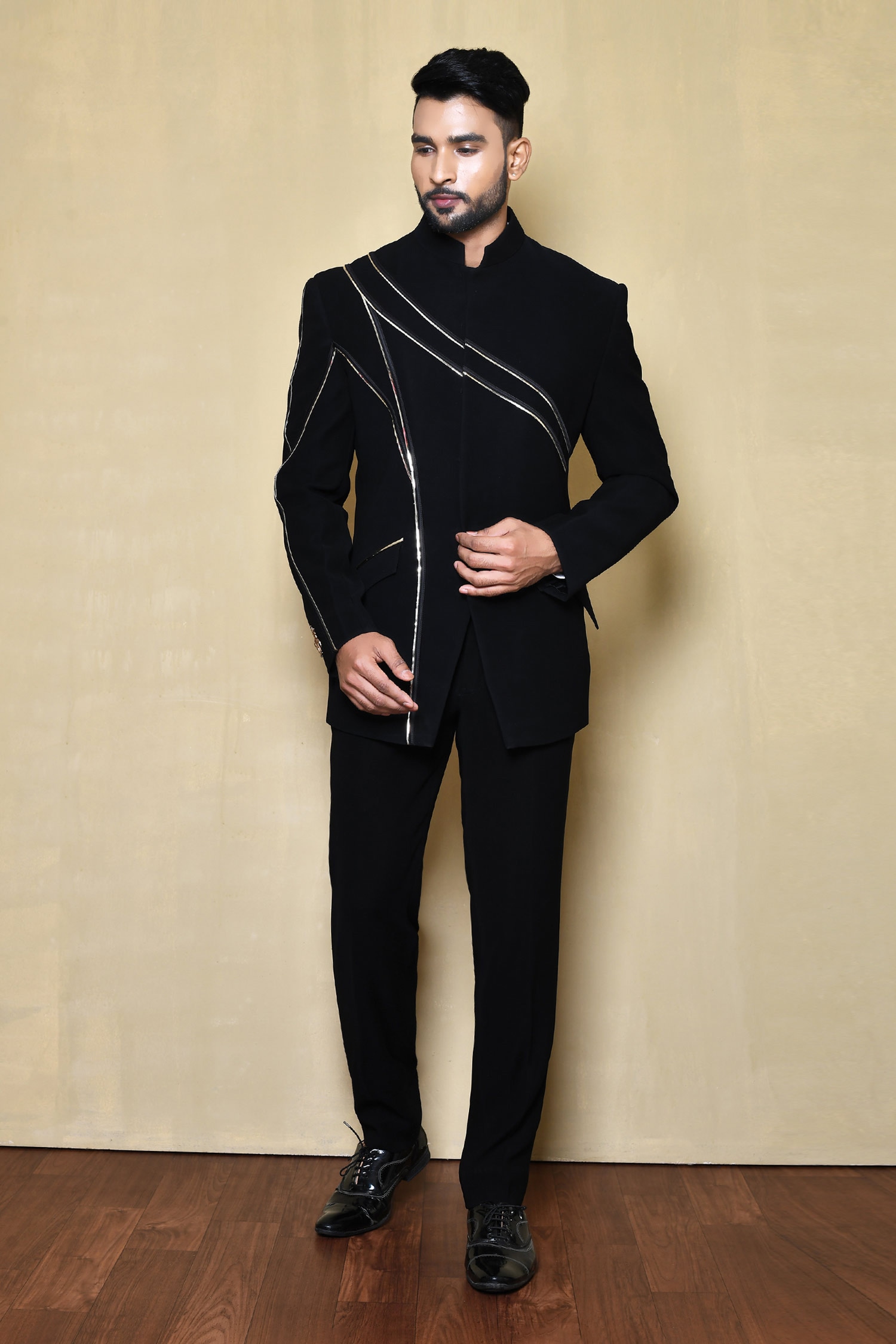 Buy Black Italian Fabric Embellished Ray Astral Pattern Bandhgala For ...