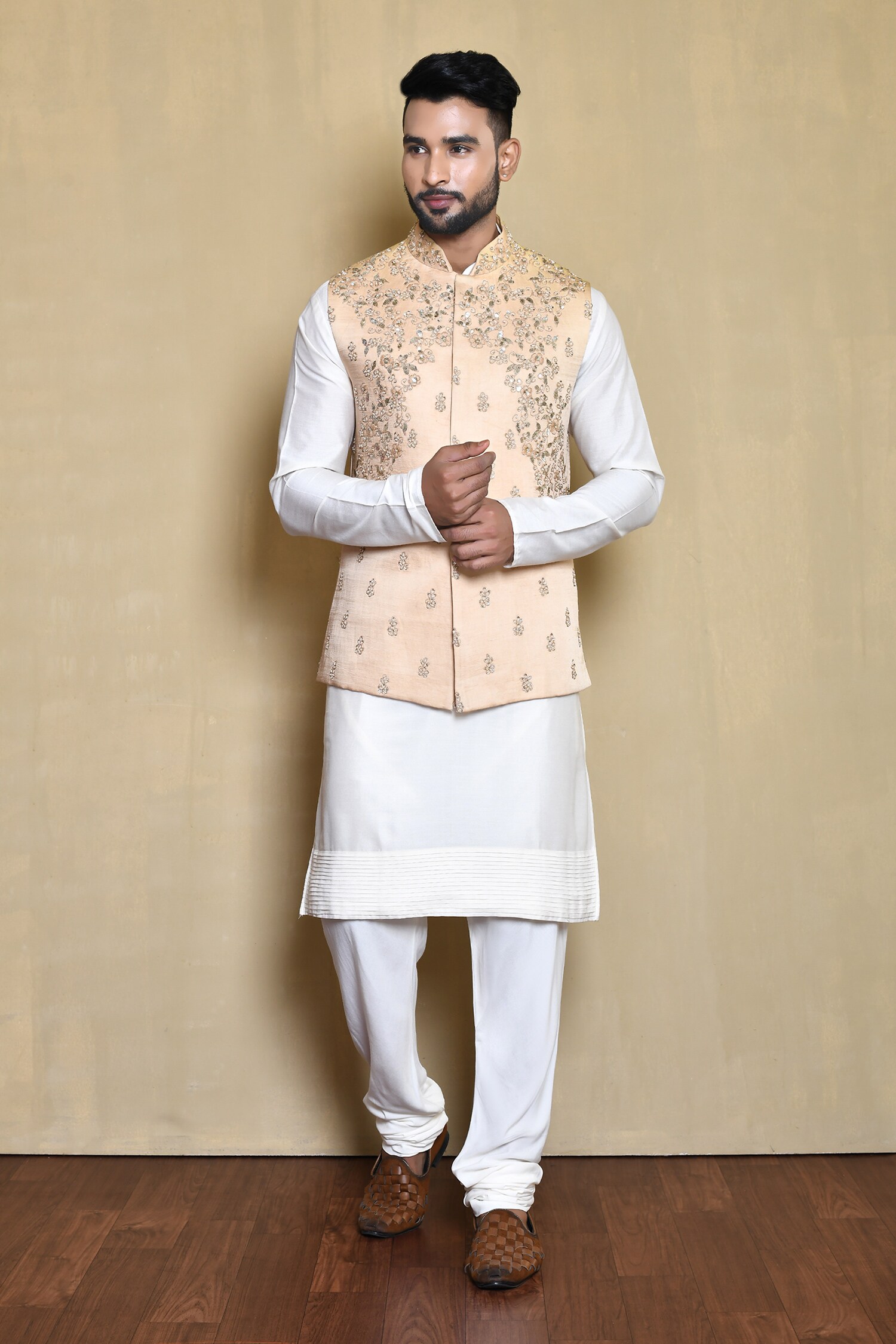 Buy Peach Silk Embroidery Gypso Bloom Bundi Kurta Set For Men by ...
