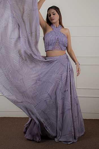 Buy Purple Georgette Printed Striped Halter Neck Top And Lehenga Set ...