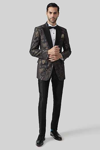 Buy Black Wool Jacquard Floral The Foil Pattern Tuxedo Jacket For Men ...