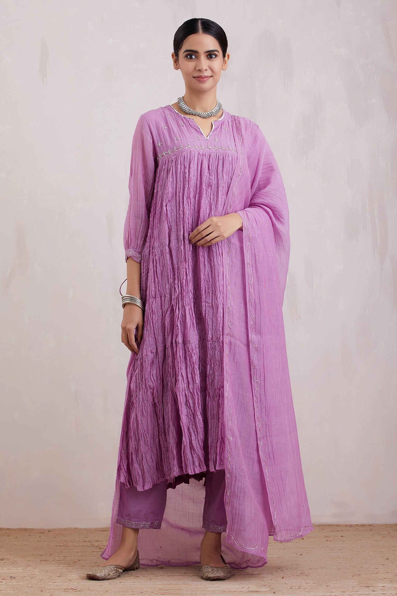 Buy Purple Chanderi (cotton Silk) Hand Embroidered Yoke Anarkali Pant Set For Women by Barahmasi ...