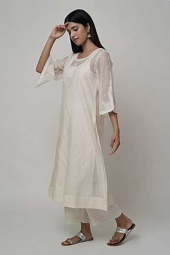Buy Cream Chanderi (cotton Silk) Hand Embroidered Vintage Dori Kurta ...