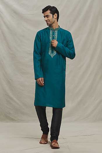 Buy Green Kurta: Silk Blend Embroidered Bead Placket And Churidar Set ...