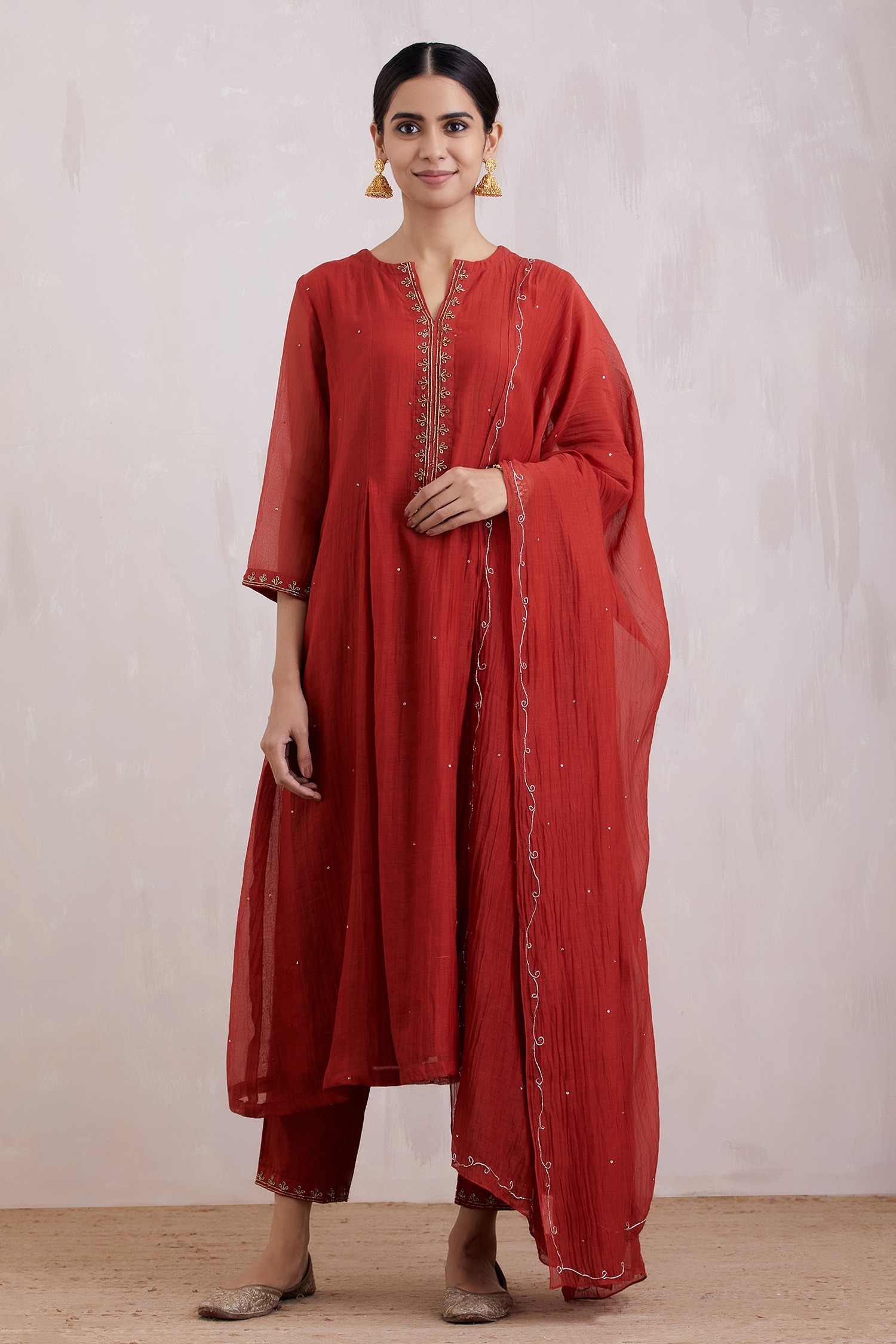 Buy Red Chanderi (cotton Silk) Hand Box Pleated Kurta Pant Set For ...