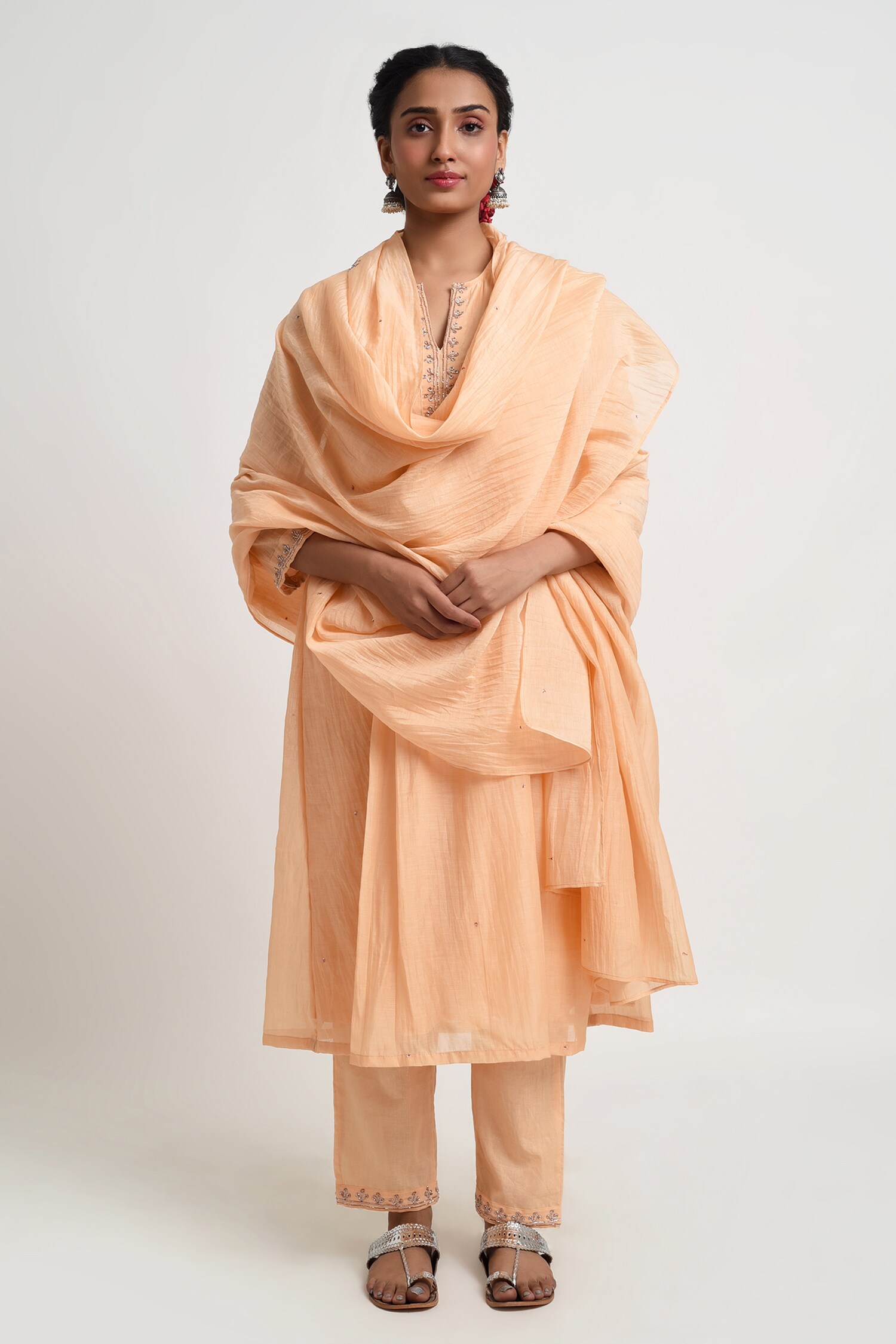 Buy Orange Chanderi (cotton Silk) Hand Embroidered Box Pleated Kurta ...