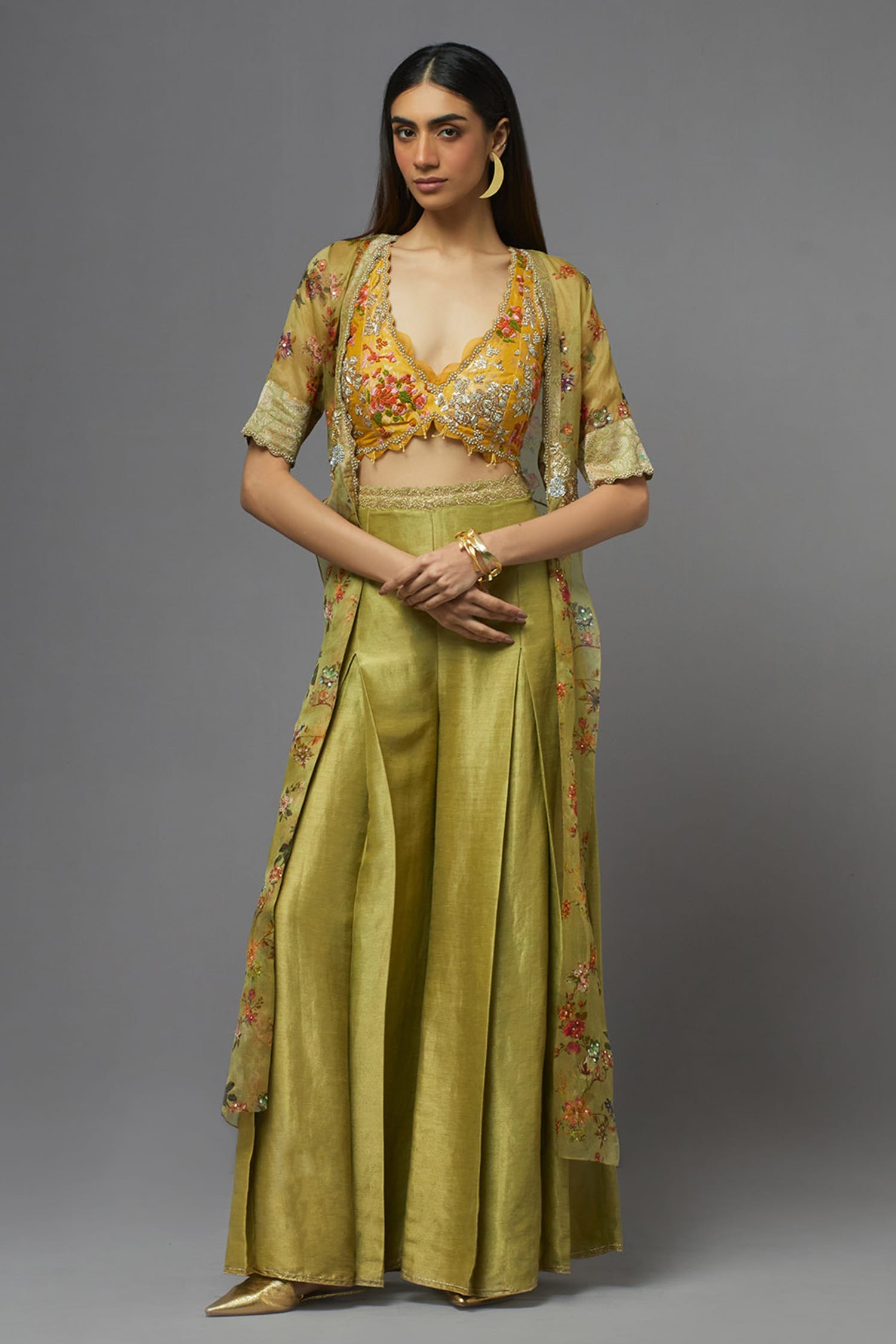 Buy Green Organza Embroidered Floral Deep V Neck Cape Palazzo Set For ...