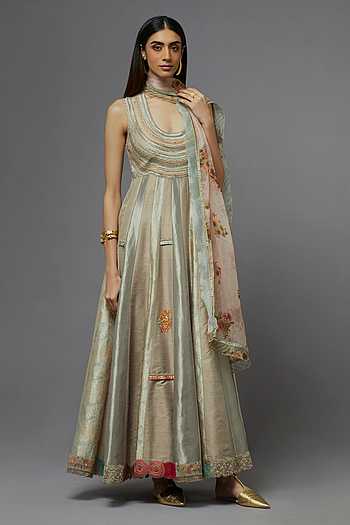 Buy Silver Silk Embroidered Floral U Neck Anarkali With Dupatta For ...