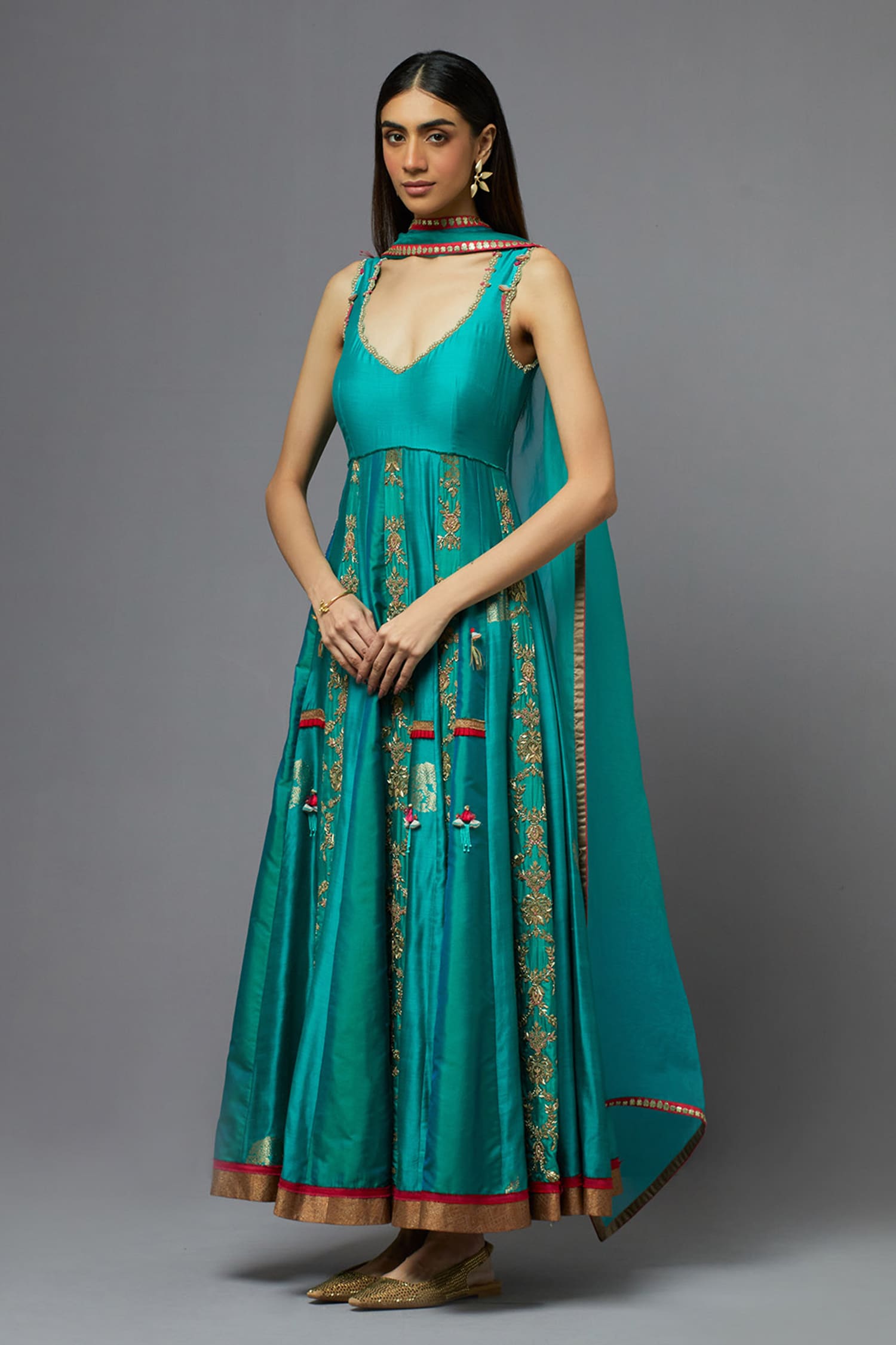 Buy Blue Silk Embroidered Floral Deep V Neck Anarkali With Dupatta For ...