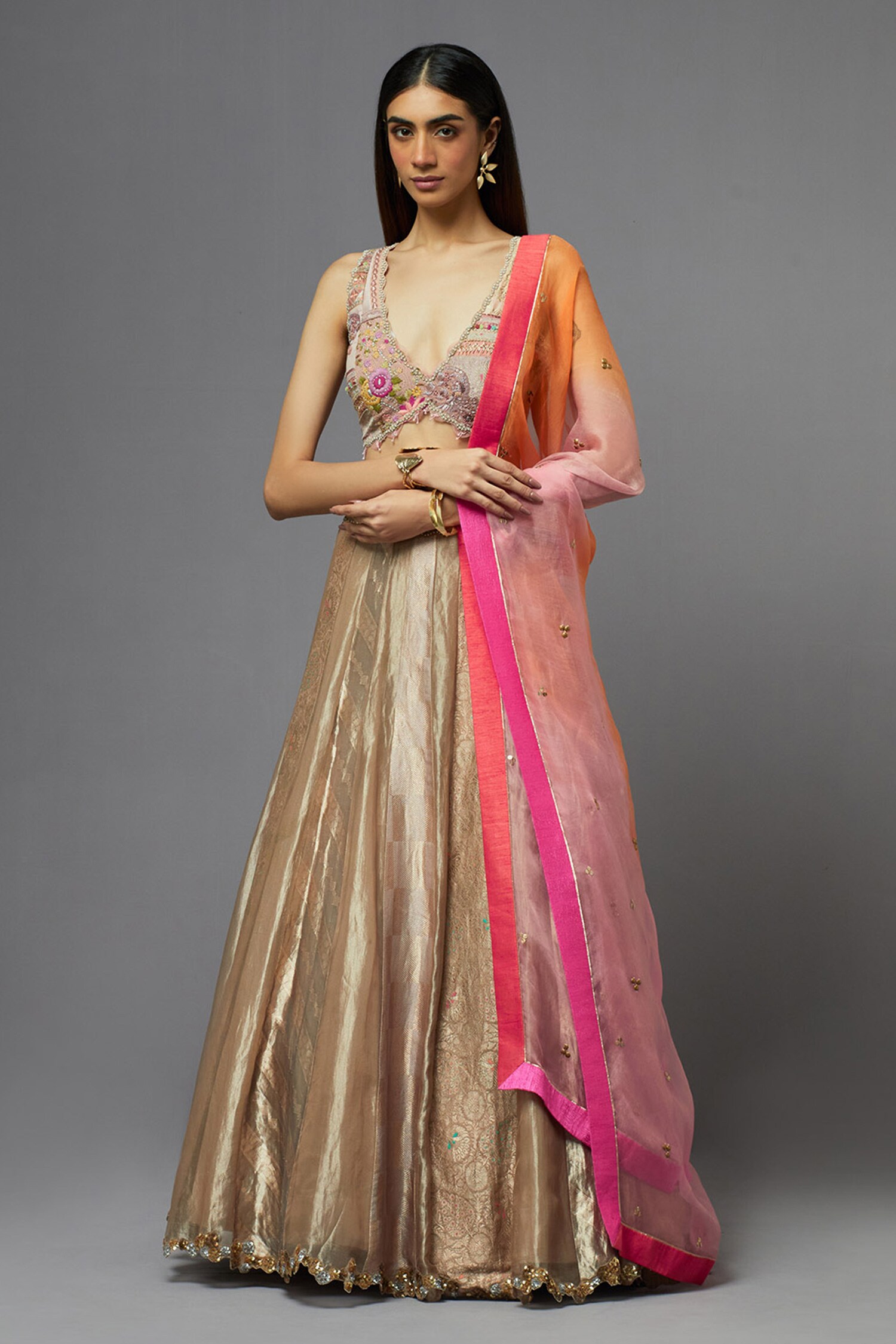 Buy Pink Silk Embroidered Floral Deep V Neck And Thread Blouse Lehenga ...