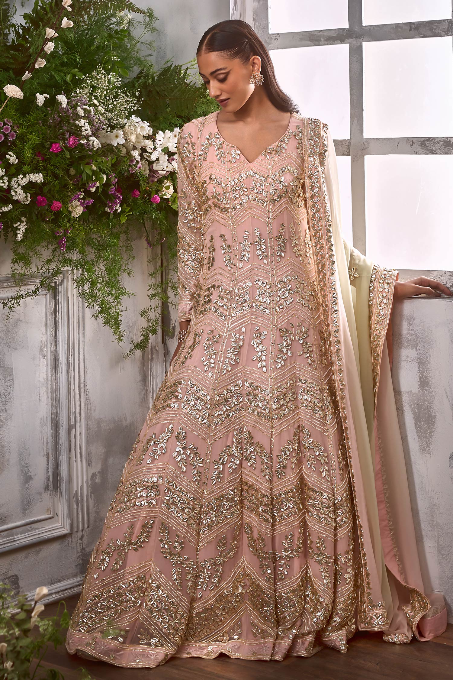 Buy Peach Georgette Gypso Fleur And Pearl Embellished Anarkali With ...