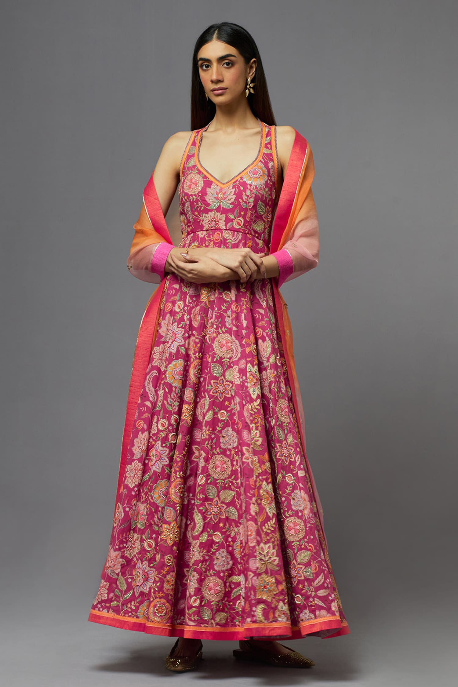 Buy Fuchsia Silk Embroidered Floral Deep V Neck Anarkali With Dupatta ...