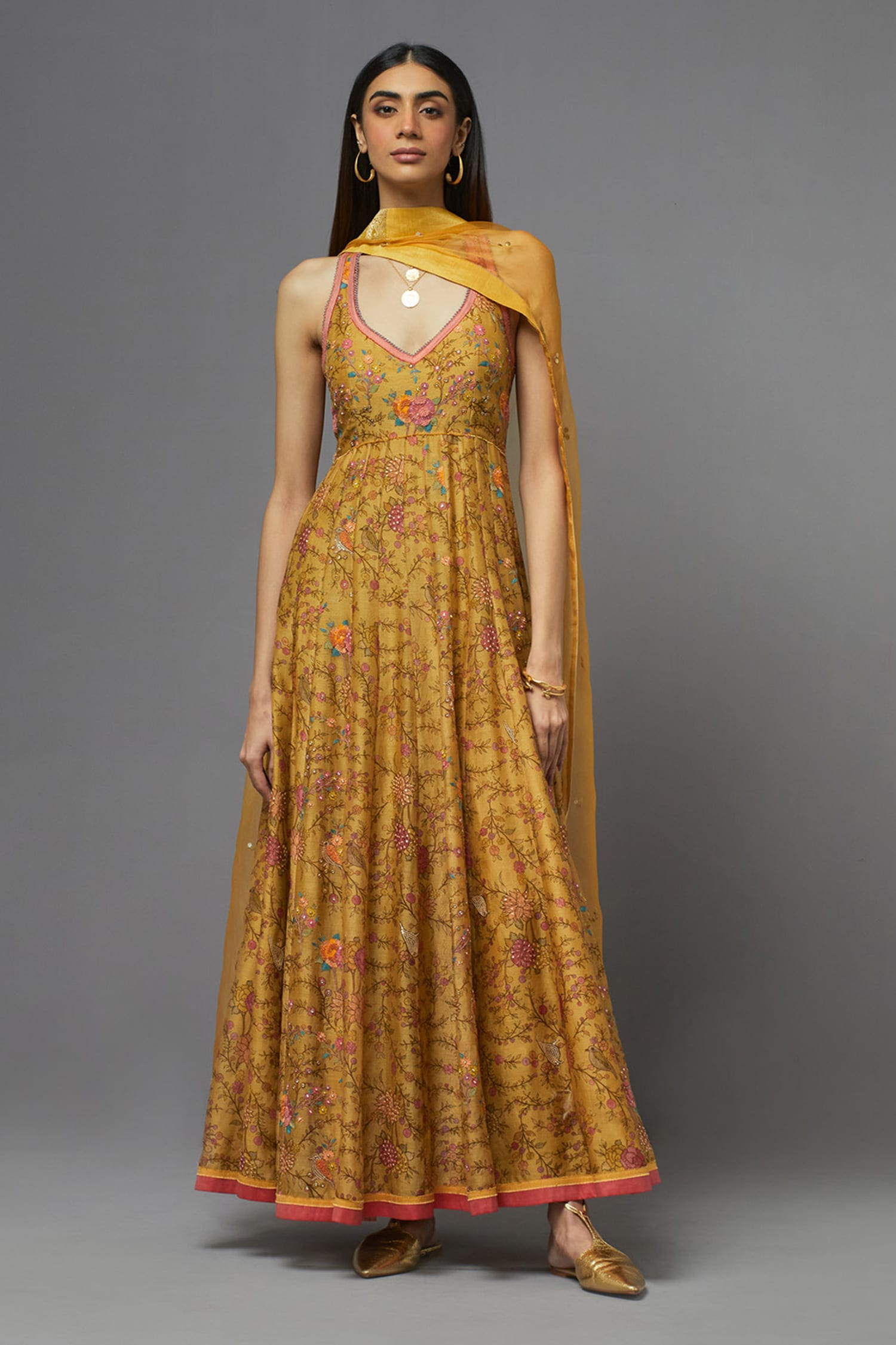 Buy Yellow Silk Embroidered Floral Deep V Neck Anarkali With Dupatta ...