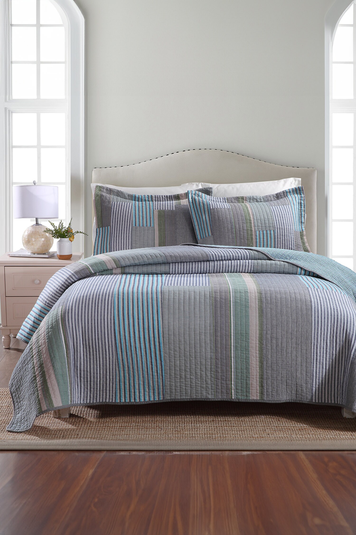 Buy Multi Color Pure Cotton Print Stripe Pattern Quilt With Pillow ...