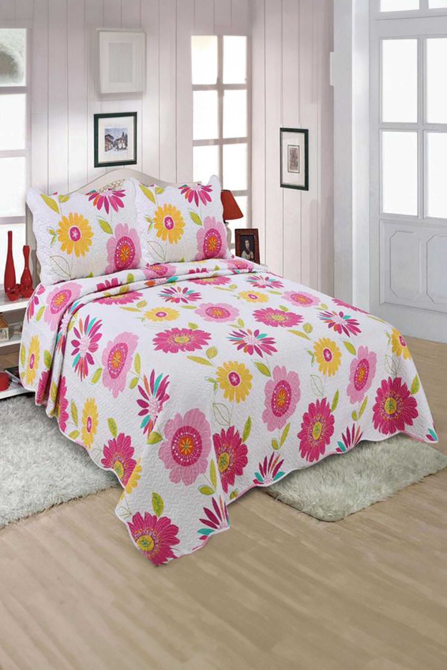 Buy Multi Color Microfiber Print Flower Bud Quilt With Pillow Covers by ...