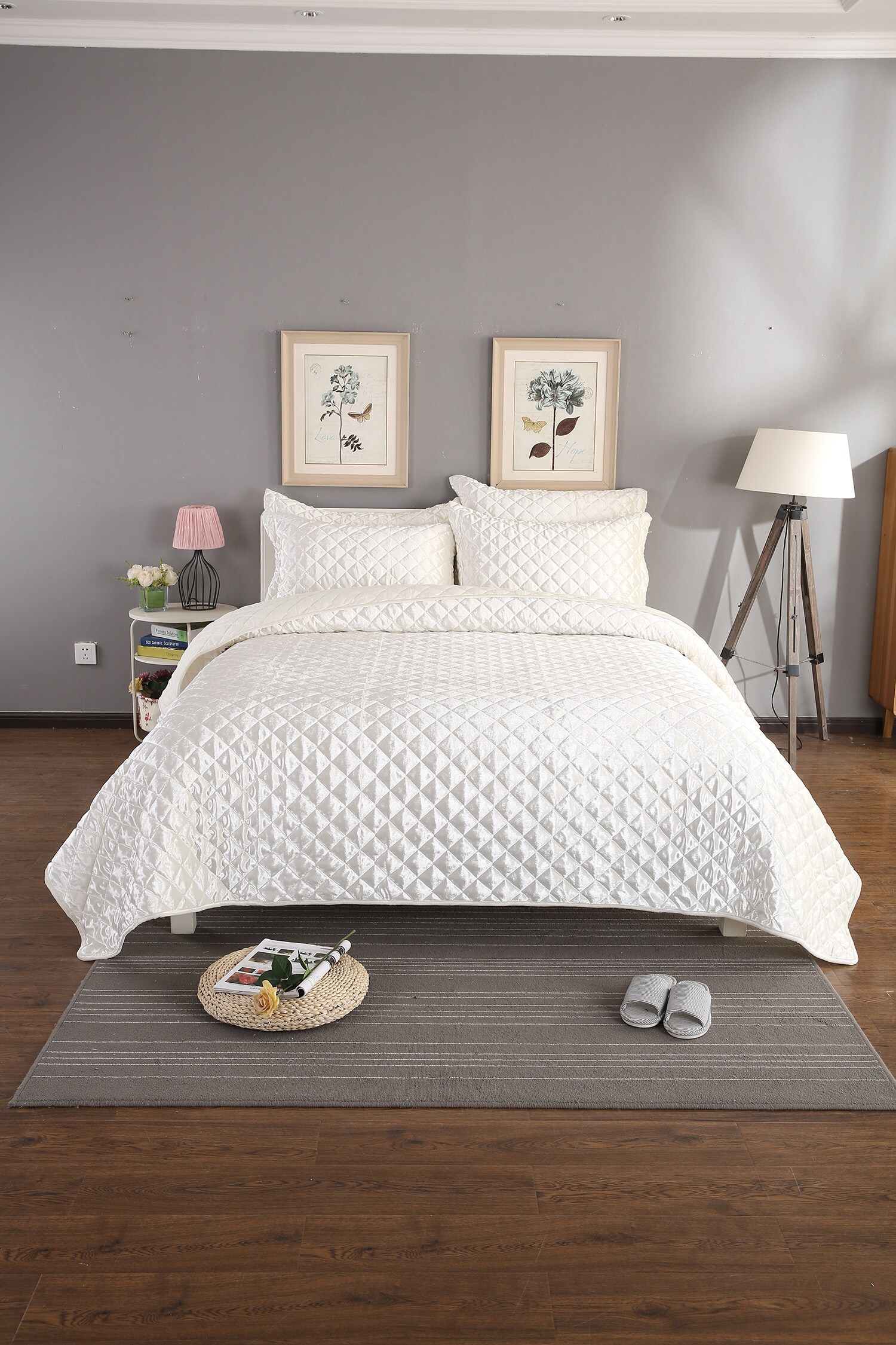 Buy White Velvet Textured Geometric Quilt With Pillow Covers by ...
