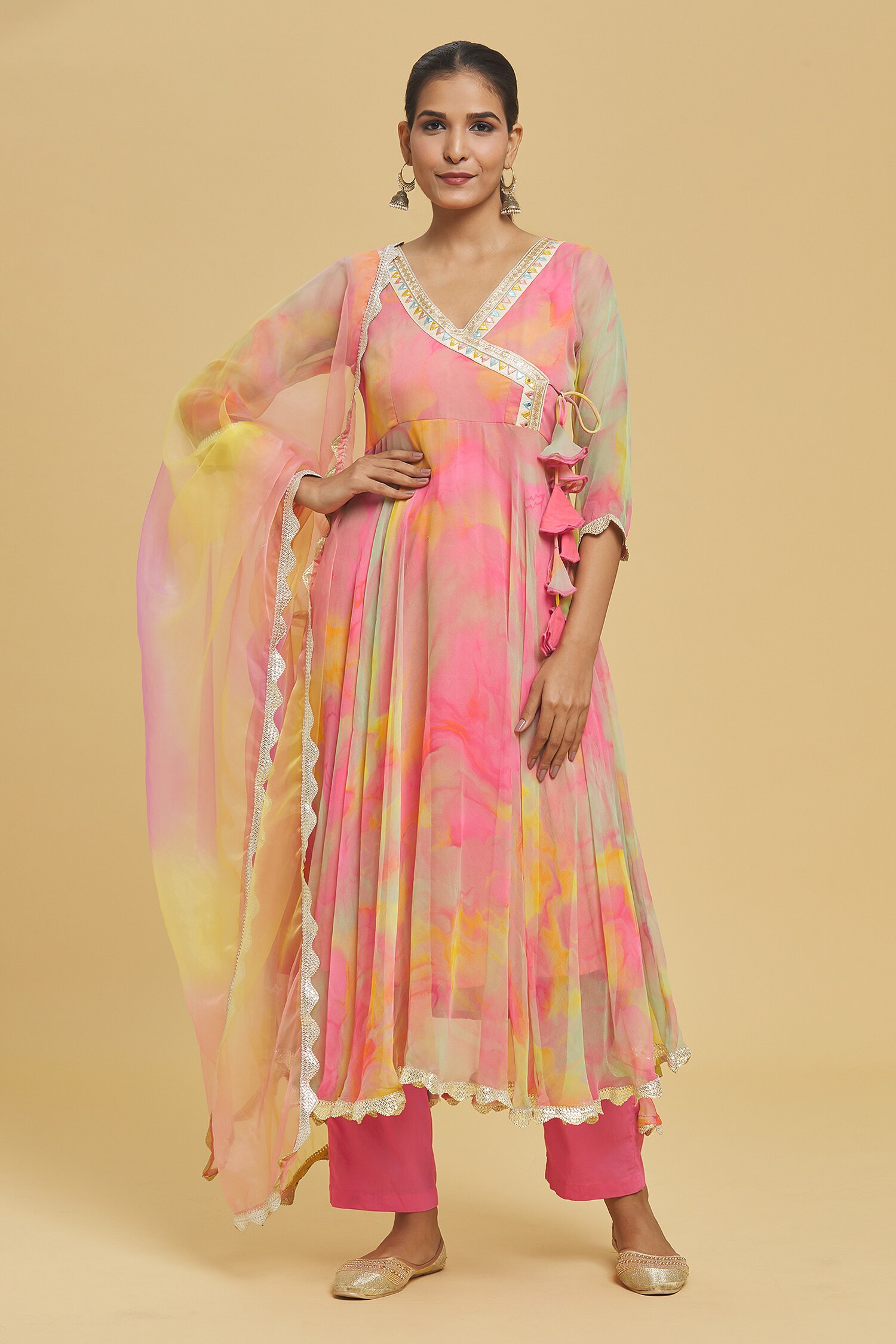 Buy Pink Anarkali: Chiffon Printed And Embroidered Fiery Angarkha Set ...