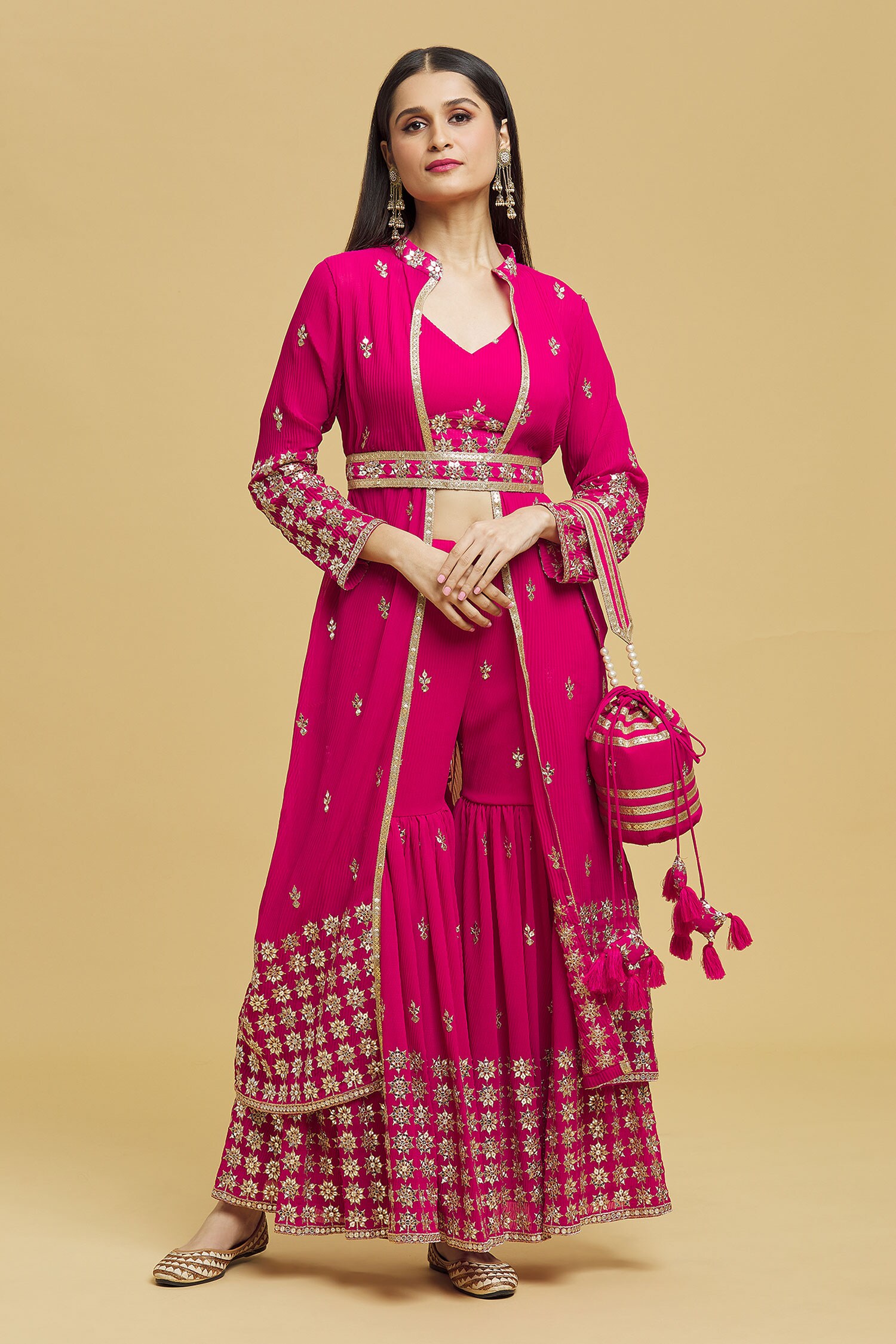 Buy Pink Georgette Embroidered Thread Jacket: Round Sequin Sharara Set ...