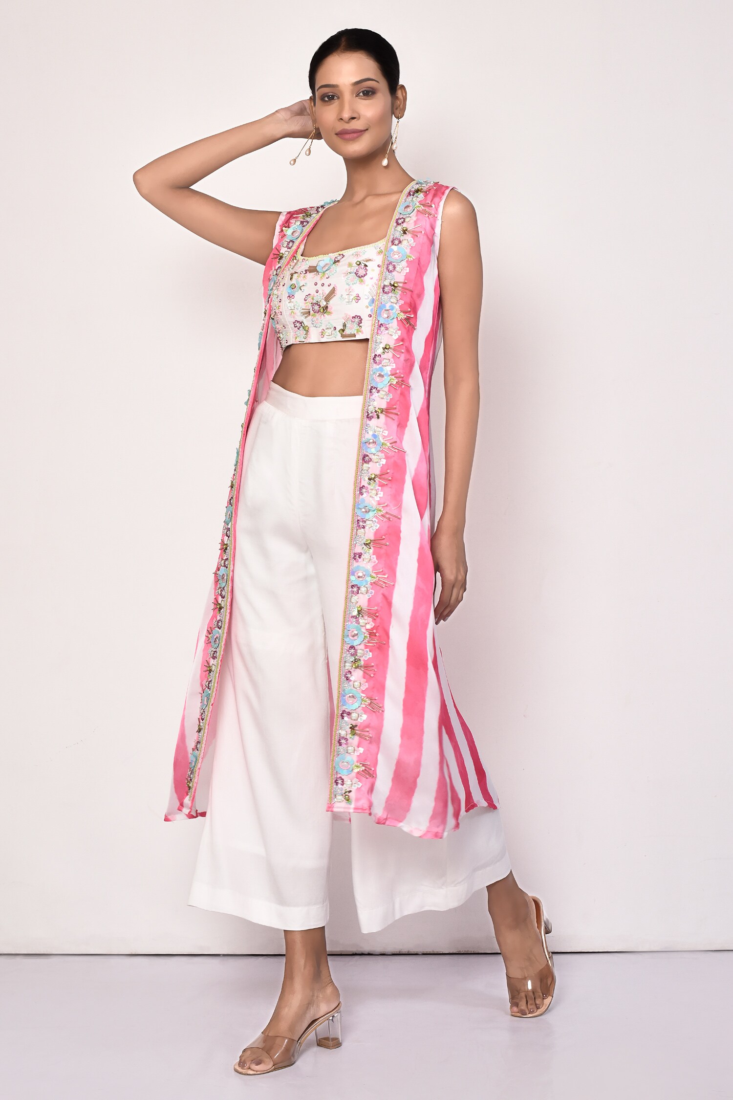 Buy Multi Color Modal Satin Hand Embroidered Striped Shrug With Pant ...