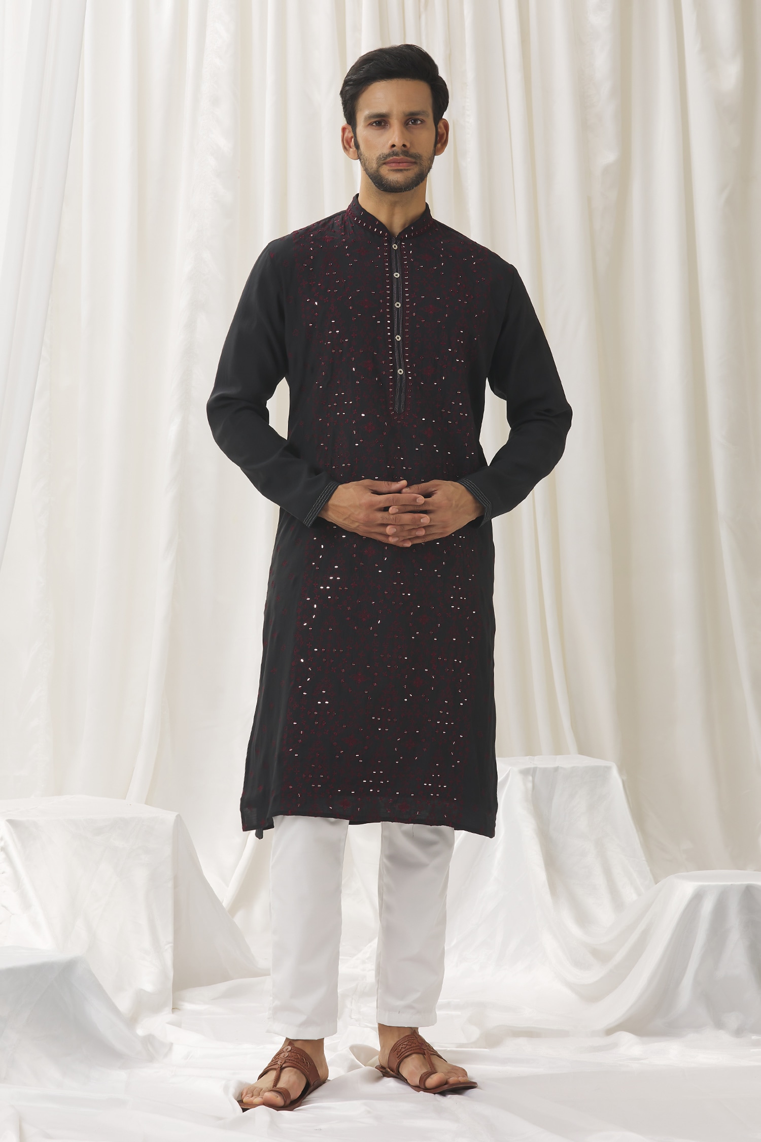 Buy Black Kurta: Silk Embellished Thread Floral Embroidered With Pant ...