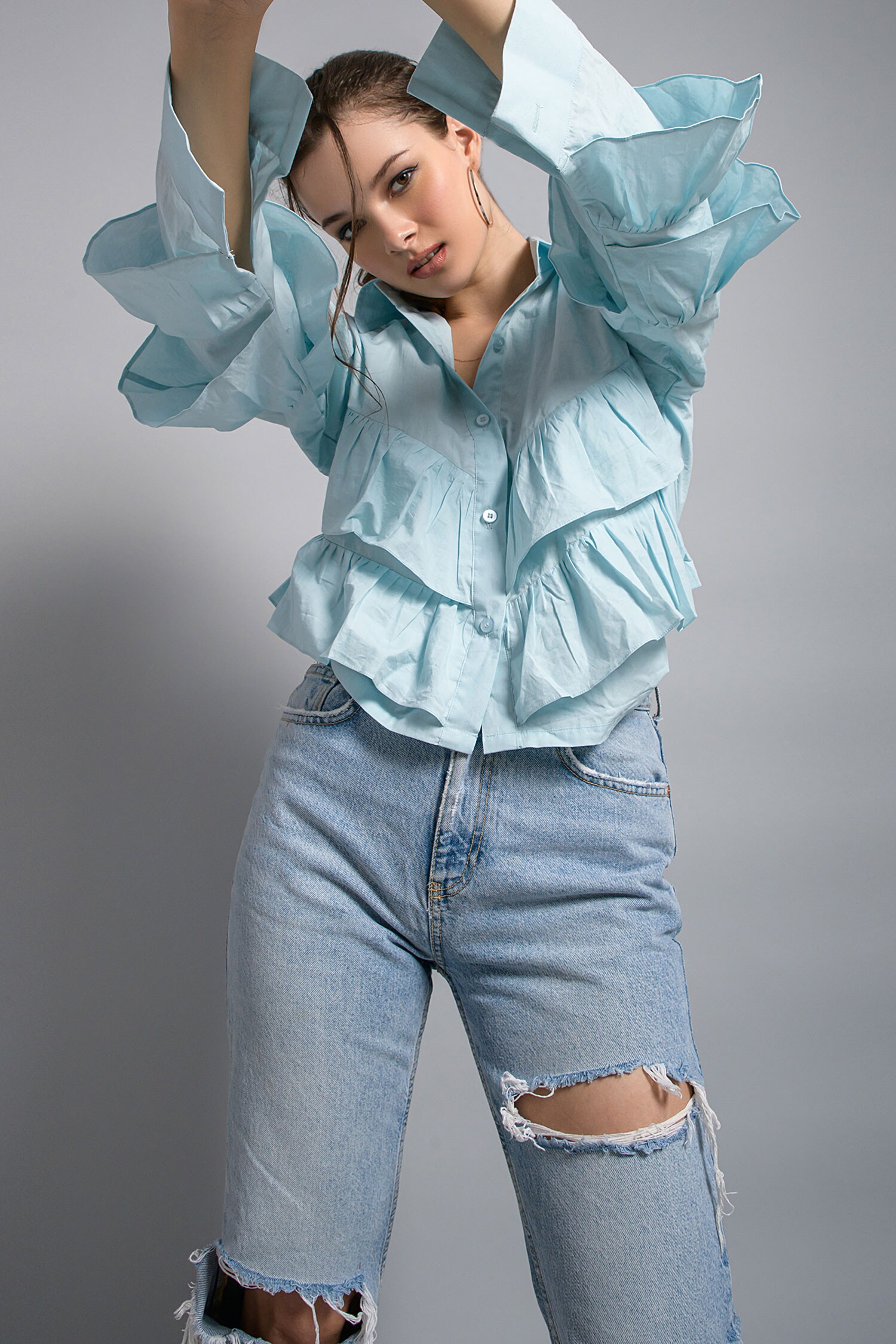 Buy Blue Cotton Plain Spread Collar Double Layered Shirt For Women by ...