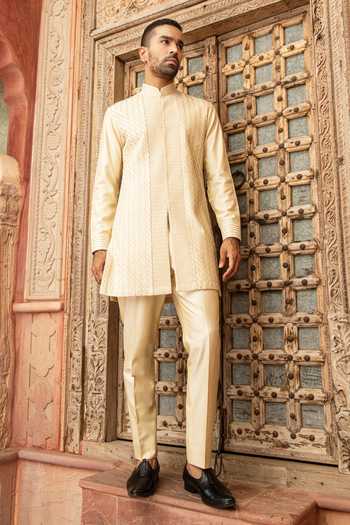 Buy Beige Katan Silk Textured Pintucks Shimmerlyn Kurta And Pant Set ...