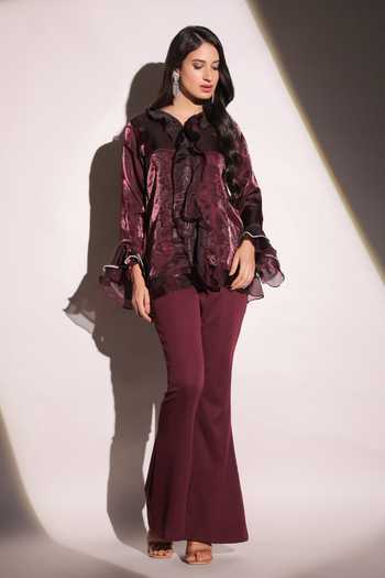 Buy Wine Organza V Neck Rasin Ruffled Top And Trouser Set For Women by ...