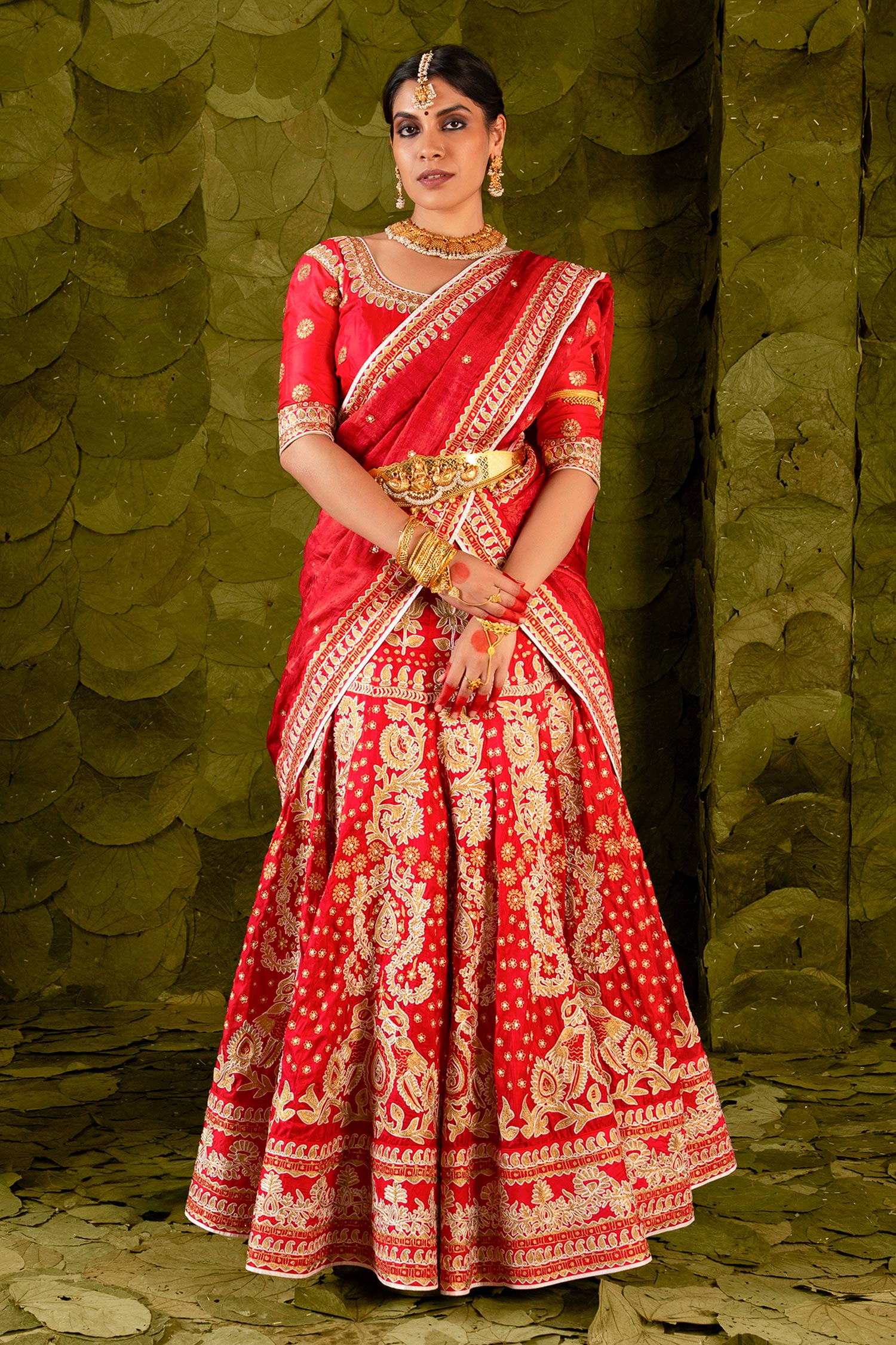 Buy Red Karnataka Embroidered Tape Hennu Embellished Lehenga Set For ...
