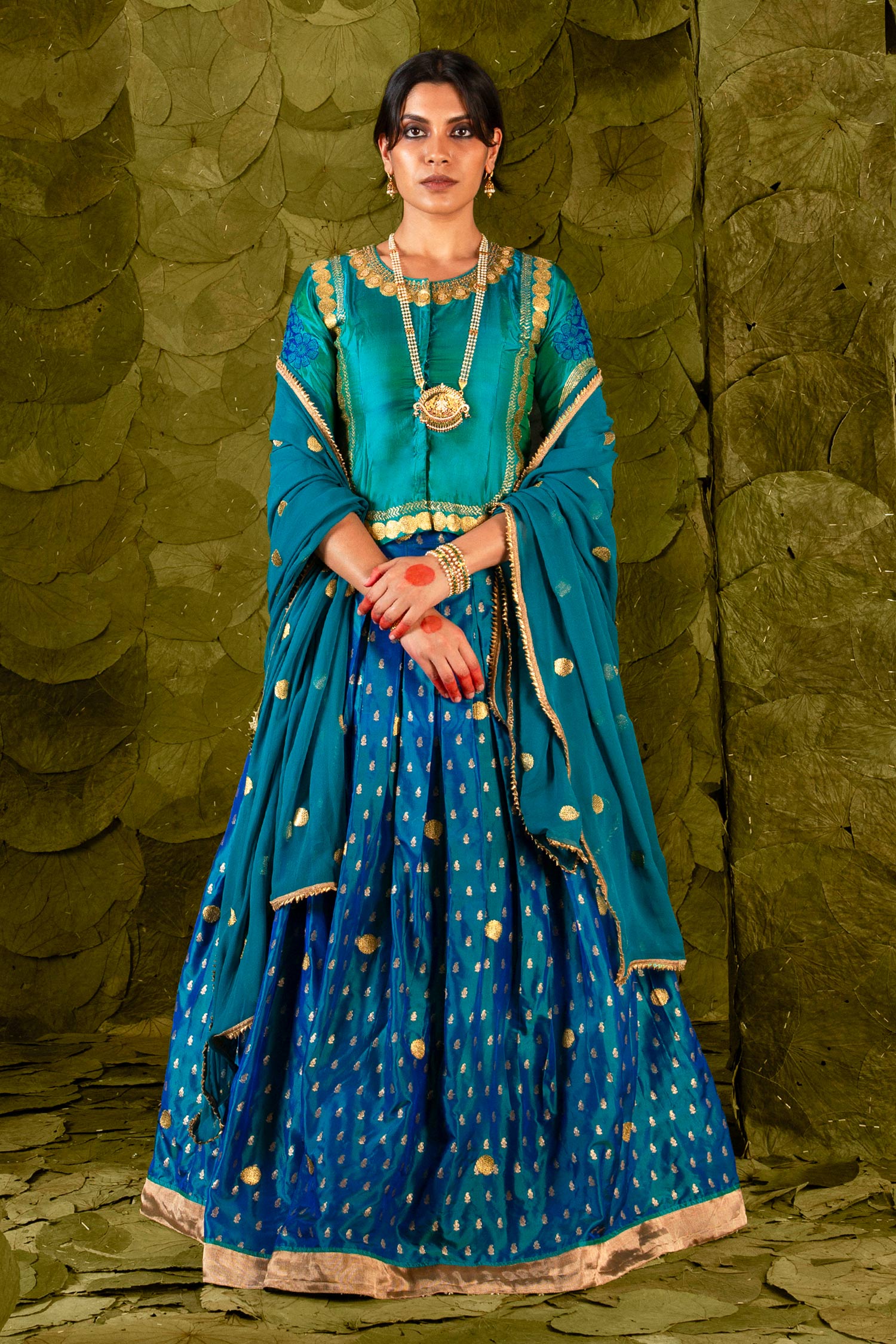 Buy Blue Chintamani Embroidered Tangi Gota And Bead Lehenga Set For ...
