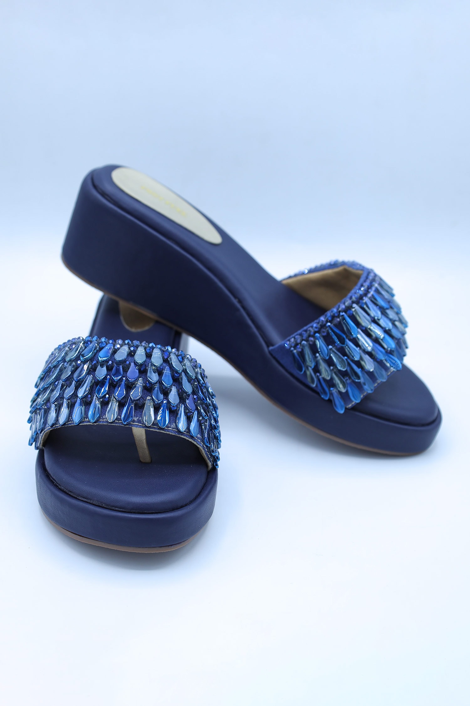 Buy Blue Embellished Handwoven Crystal Studded Wedges by Foot Fuel ...