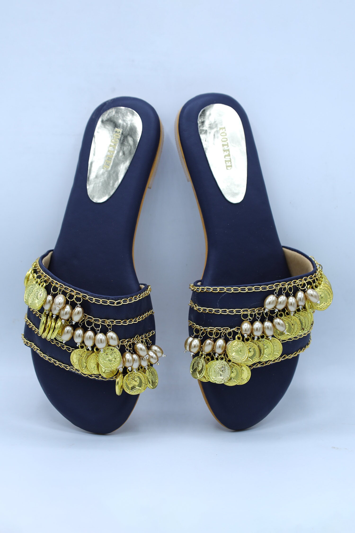 Buy Blue Embellished Chain And Coin Tassel Flats by Foot Fuel Online at ...