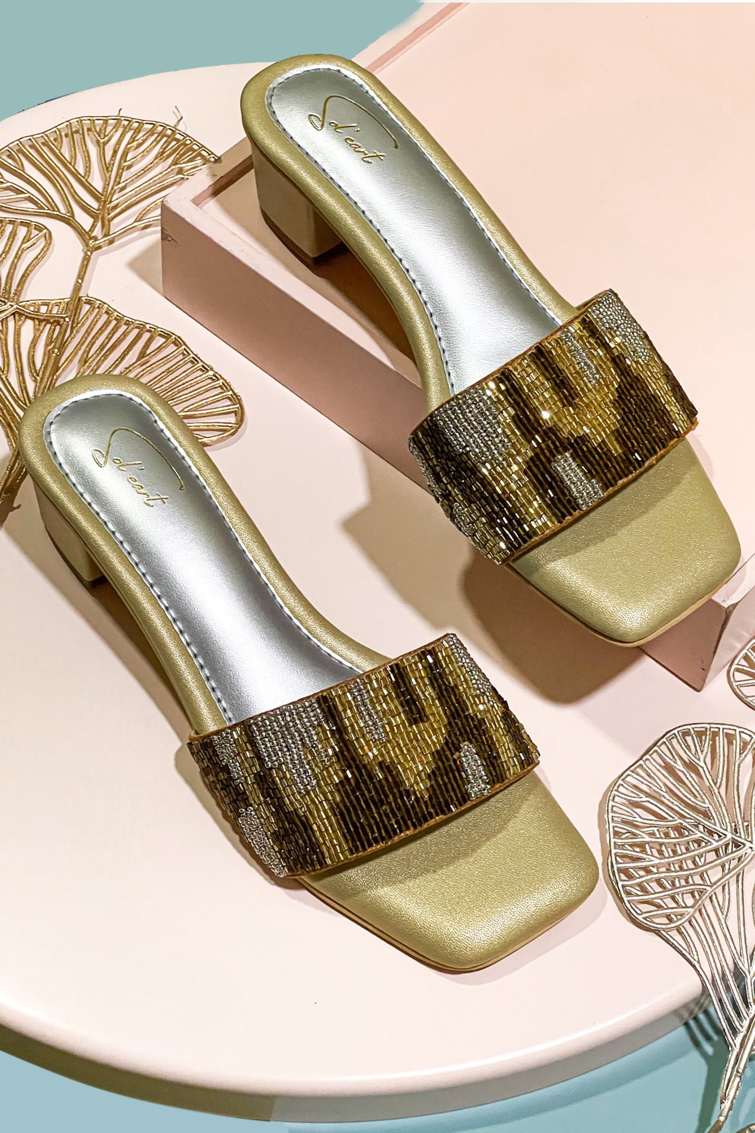 Buy Gold Bead Bedazzled Embroidered Heels by Soleart Online at Aza ...