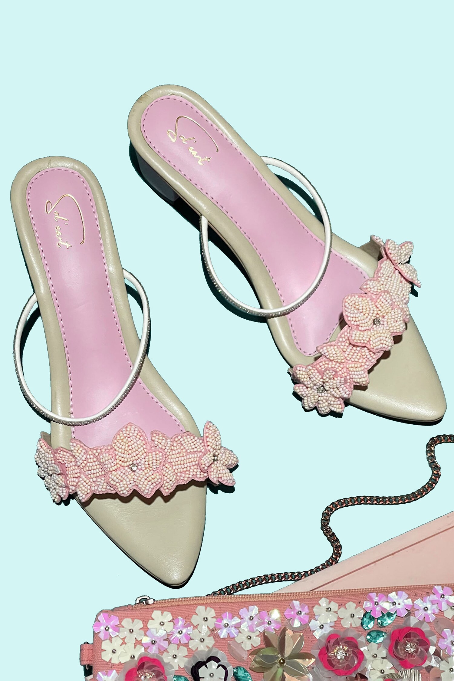 Buy Pink Bead Island Work Heels by Soleart Online at Aza Fashions.