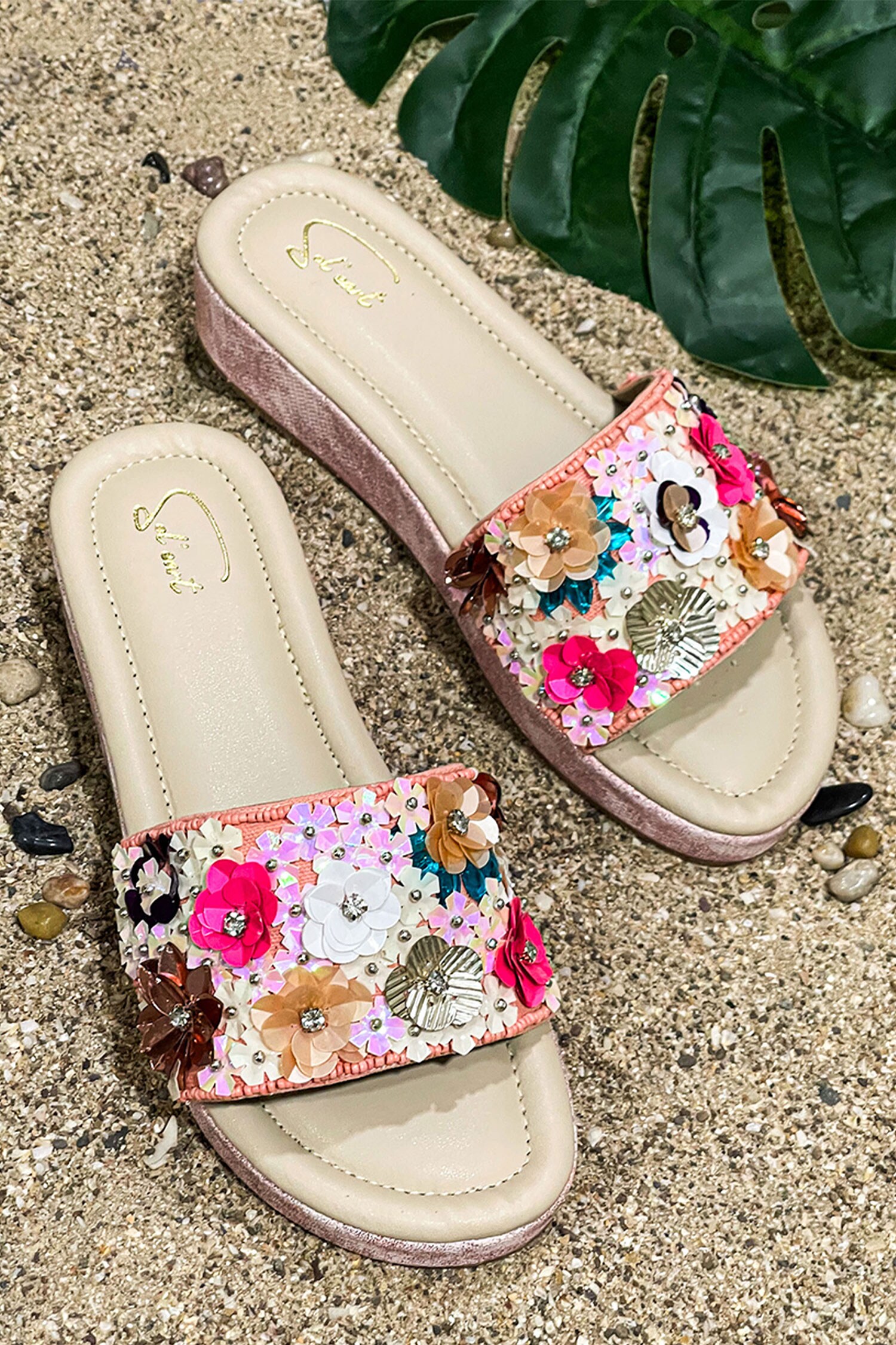 Buy Multi Color Sequin Birdsong 3d Flower Embroidered Wedges by Soleart ...