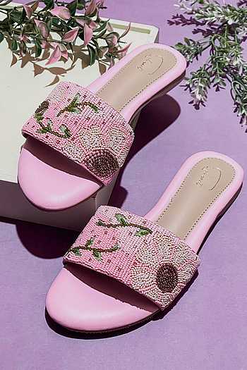 Buy Pink Bead Enchanted Bloom Embroidered Sliders by Soleart Online at ...