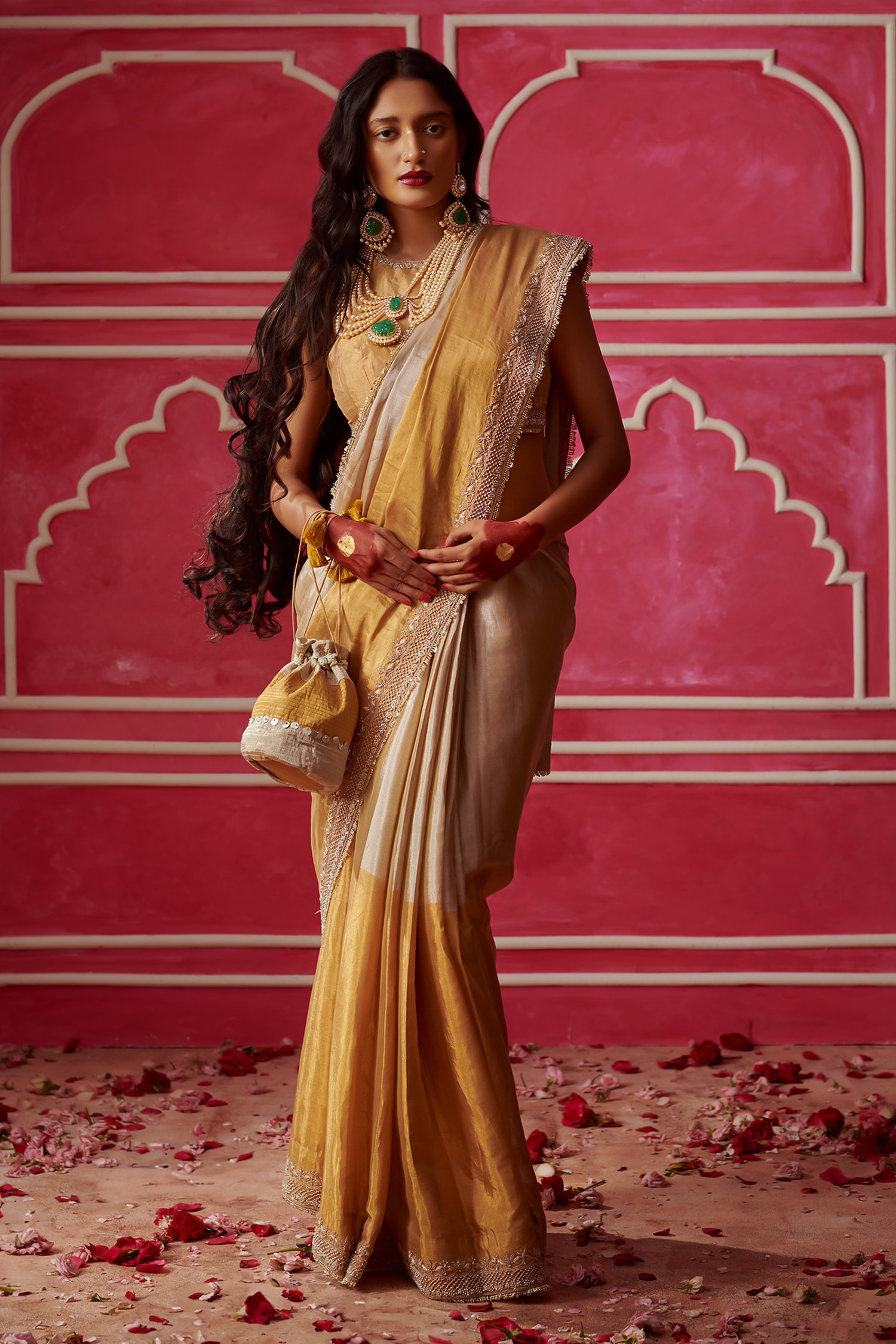 Buy Silver Silk Tissue Embroidery Zardozi Two Tone Saree Set For Women ...