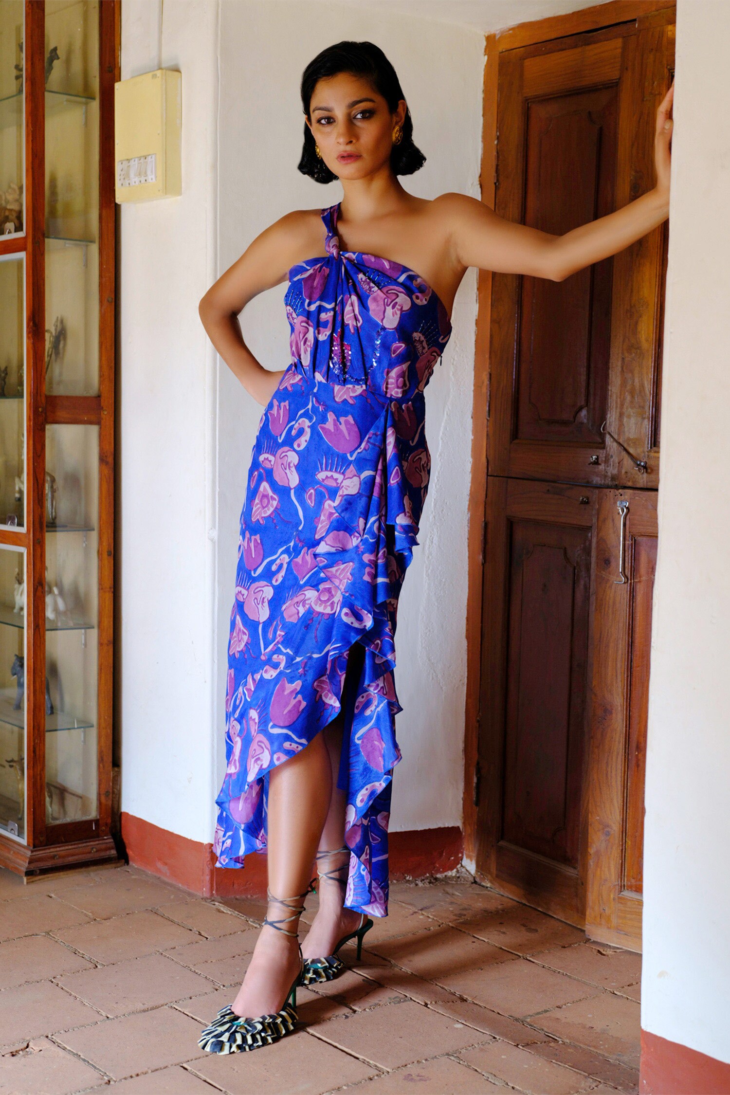Buy Blue Silk Printed One-shoulder Meera Draped Dress For Women by Jodi ...