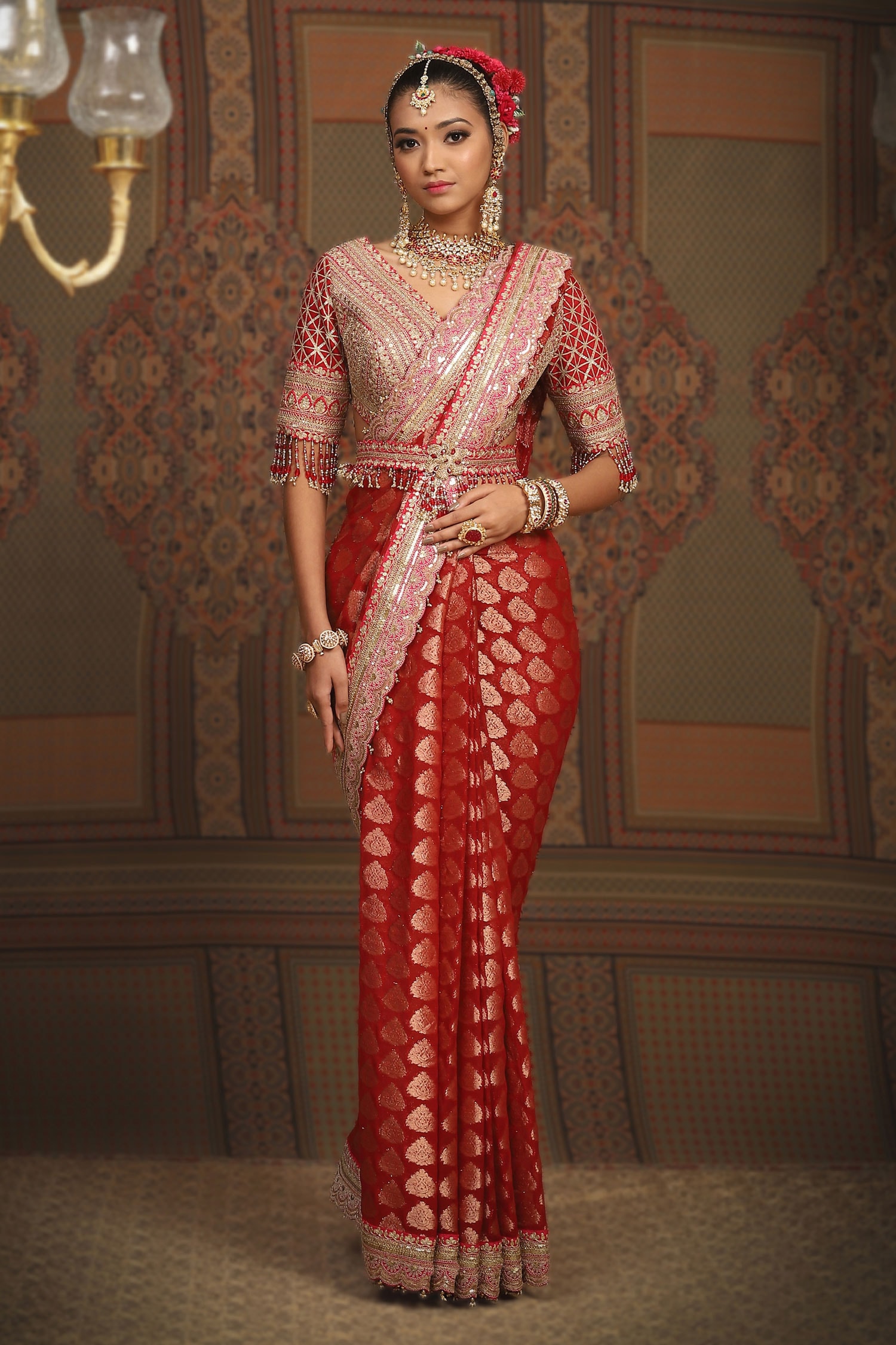 Buy Red Saree Georgette Embroidered Floral Pattern Guccha With Blouse ...