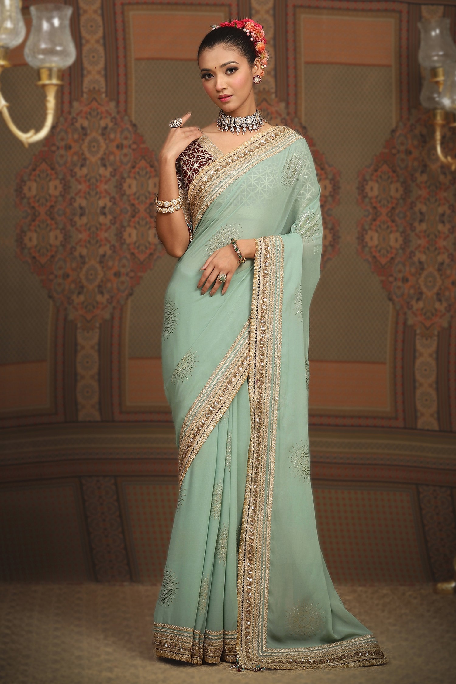 Buy Green Saree Georgette Embroidered Gota V Neck Bordered With Blouse ...