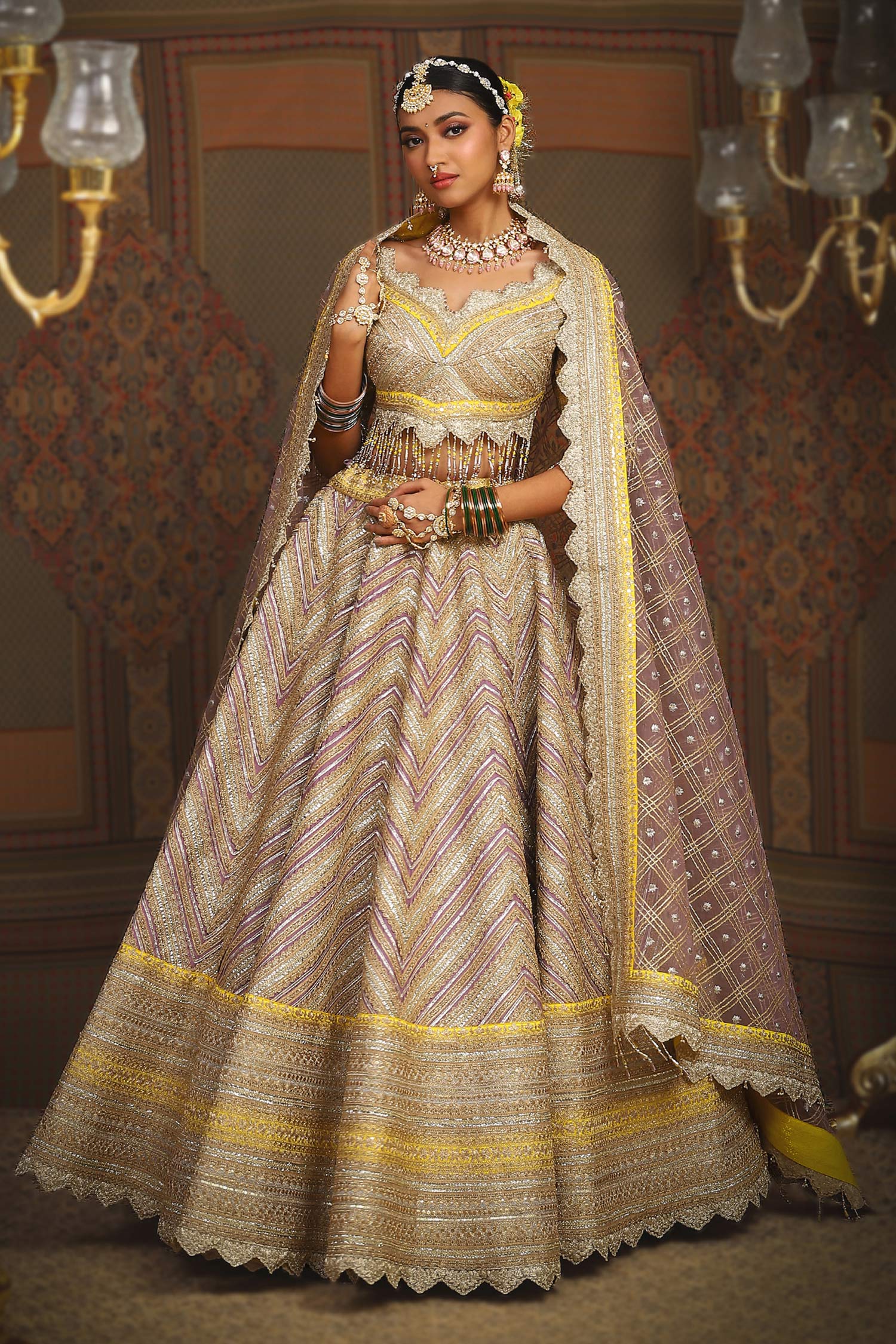 Buy Purple Silk Chanderi Chevron Crest Dori And Lehenga Blouse Set For ...