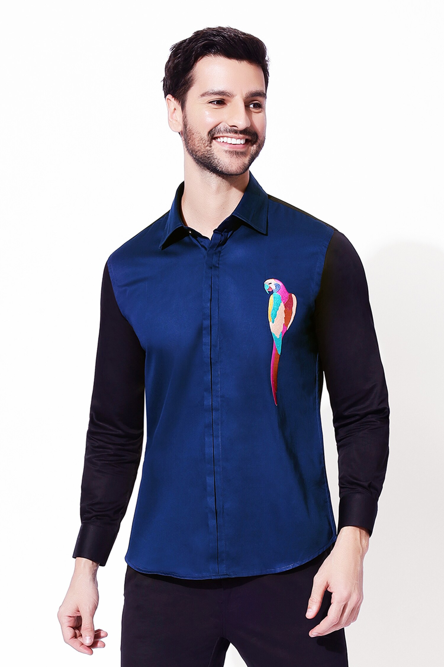 Buy Blue Egyptian Cotton Embroidery Parrot Rosella Panel Shirt For Men ...